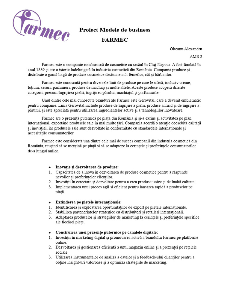 Proiect Farmec - Modele de Business | PDF
