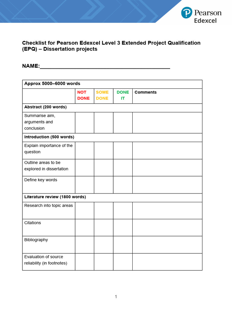 EPQ Dissertation Checklist | PDF