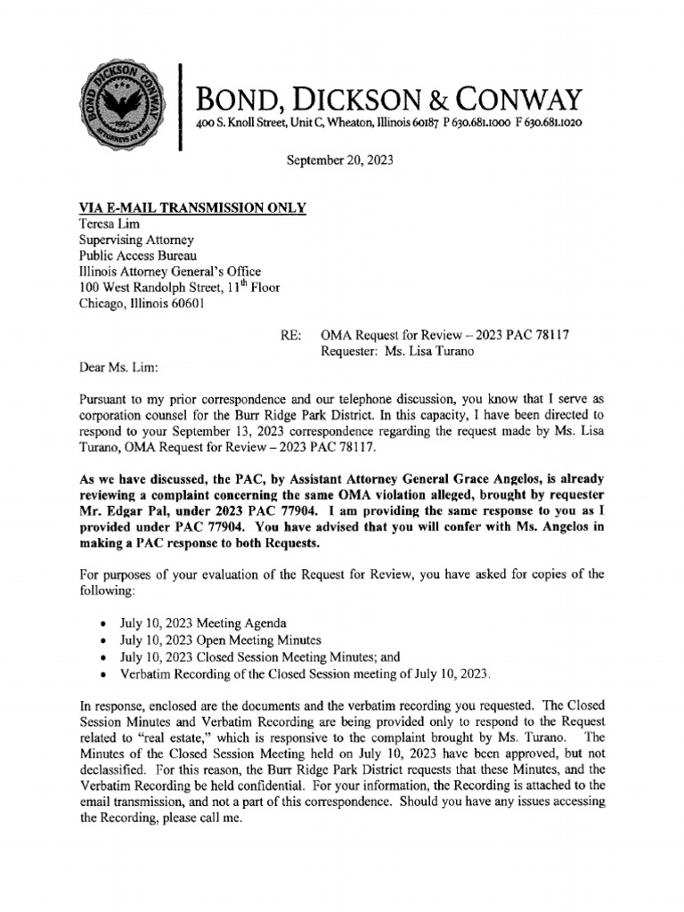 Burr Ridge Park District Board Attorney Letter To Attorney General's ...