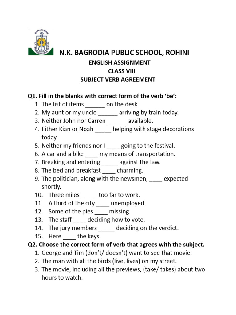 Subject Verb Agreement Revision Class 8 | PDF