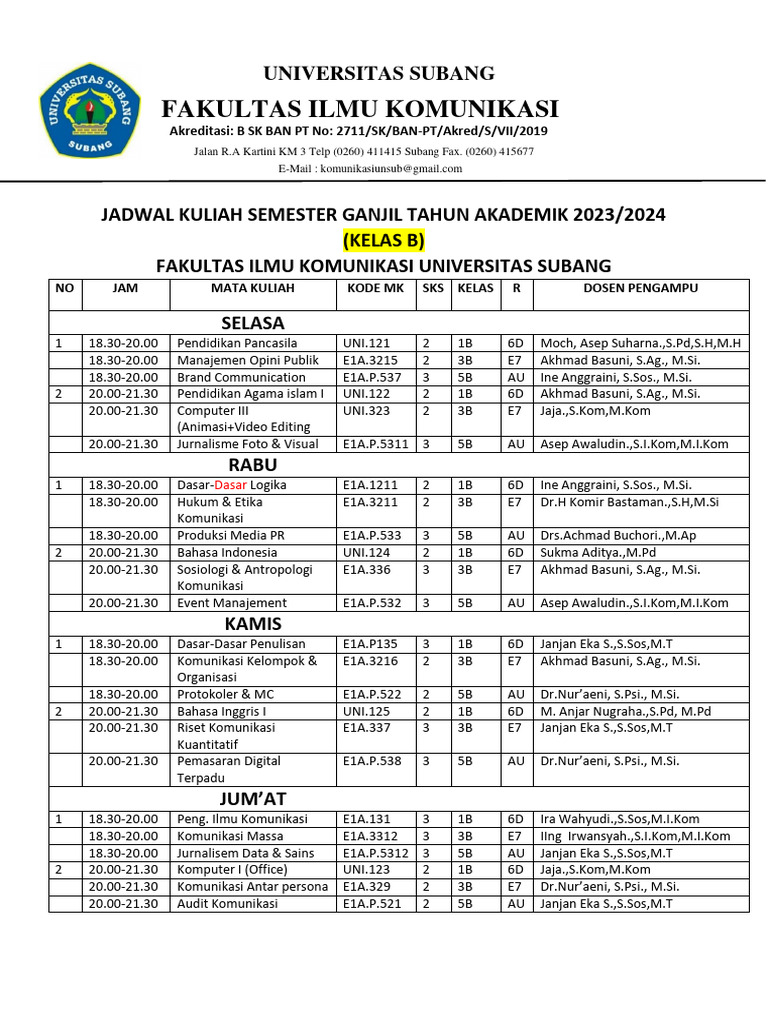 Update Jadwal Kuliah Semester Ganjil 2023.2024 | PDF Update Jadwal Kuliah Semester Ganjil 2023.2024 | PDF