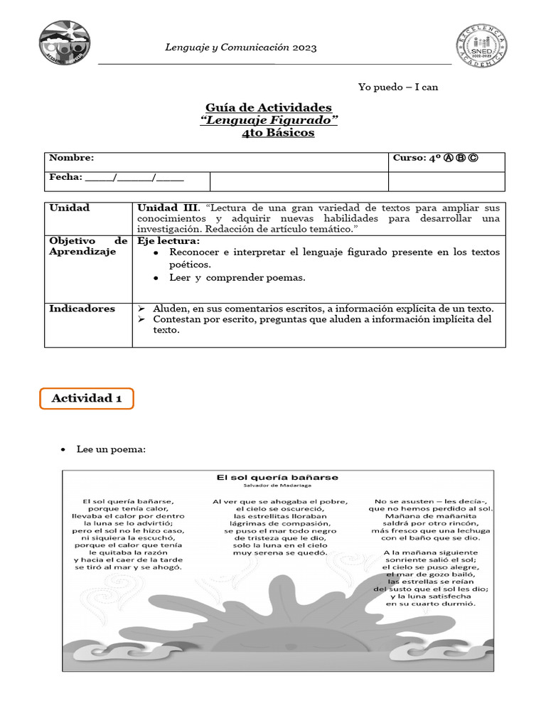 Actividades de Lenguaje Figurado 4º Básico | PDF | Poesía