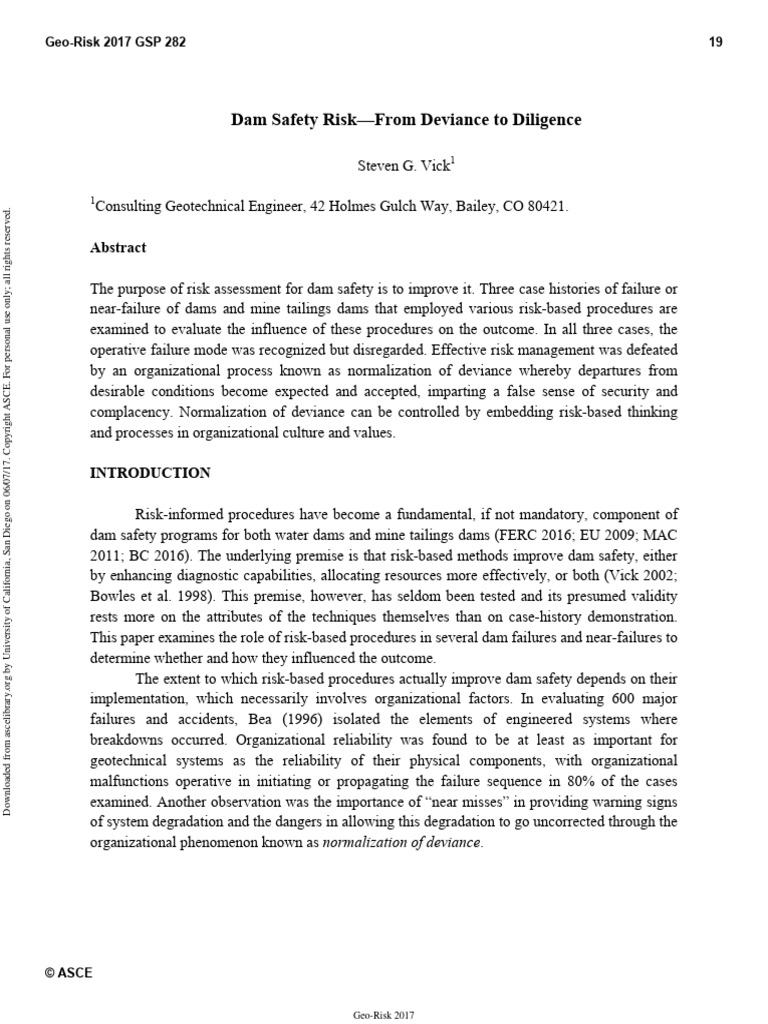 Dam Safety Risk From Deviance To Diligence | PDF