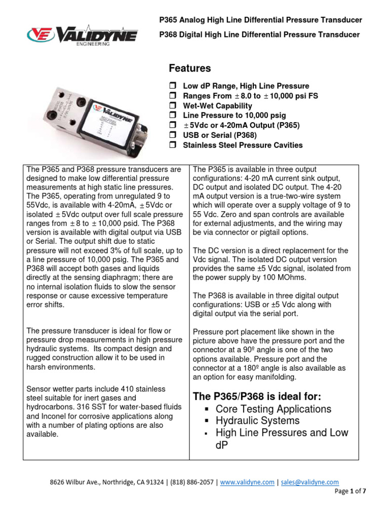 P368 High Line Pressure Transducer Datasheet | PDF | Pressure Measurement | Pressure