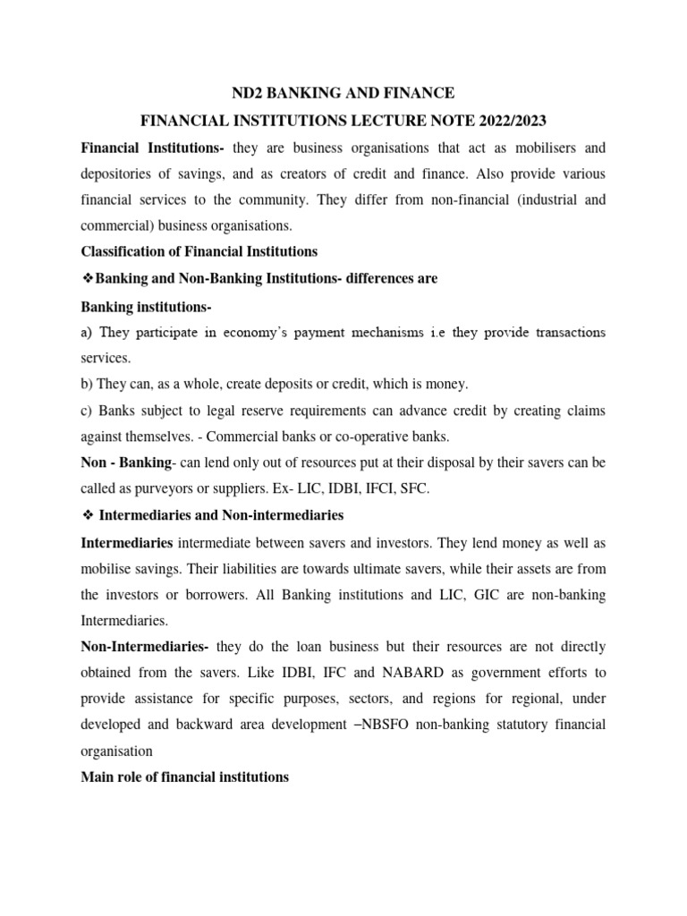 Nd 2 Bfn Financial Institutions Lectures 2023 Pdf Banks Saving