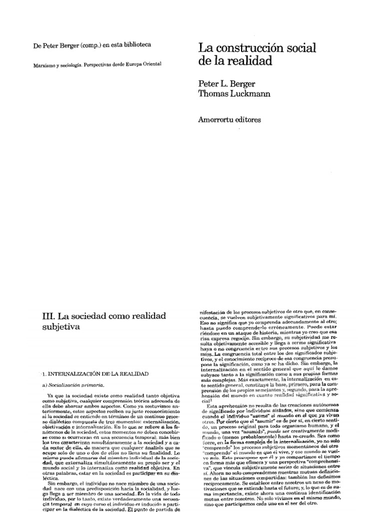 Berger y Luckmann. La Construcción Social de La Realidad. | PDF
