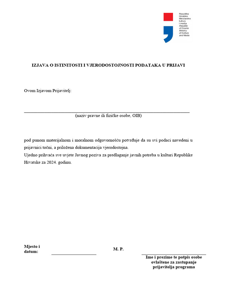 Izjava o Vjerodostojnosti Podataka - 2024 | PDF