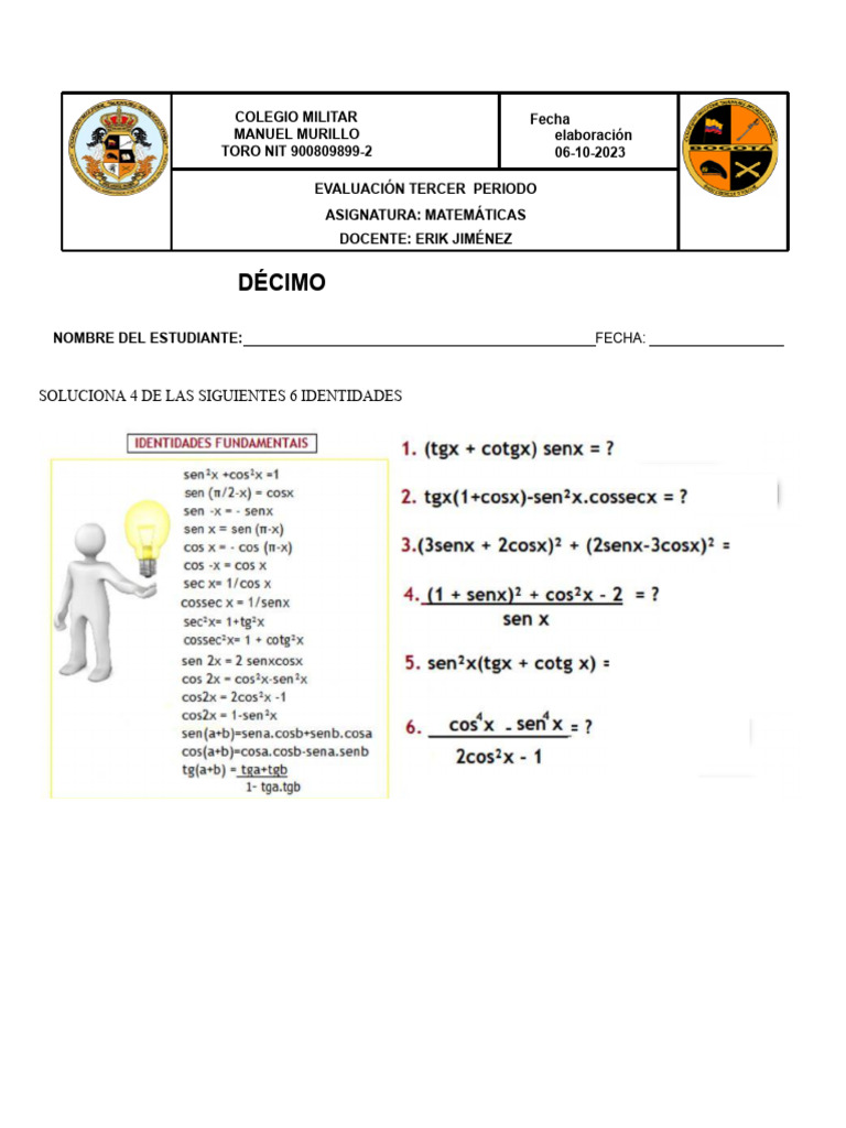 Evaluación Matemáticas Décimo Grado | PDF