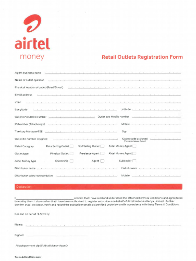 Airtel Money Agent Application Form | PDF