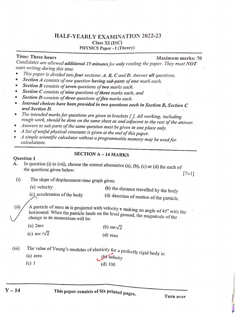 Half Yearly Papers Cms XI | PDF