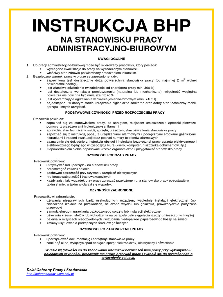 Instrukcja BHP Na Stanowisku Administracyjno-Biurowym | PDF