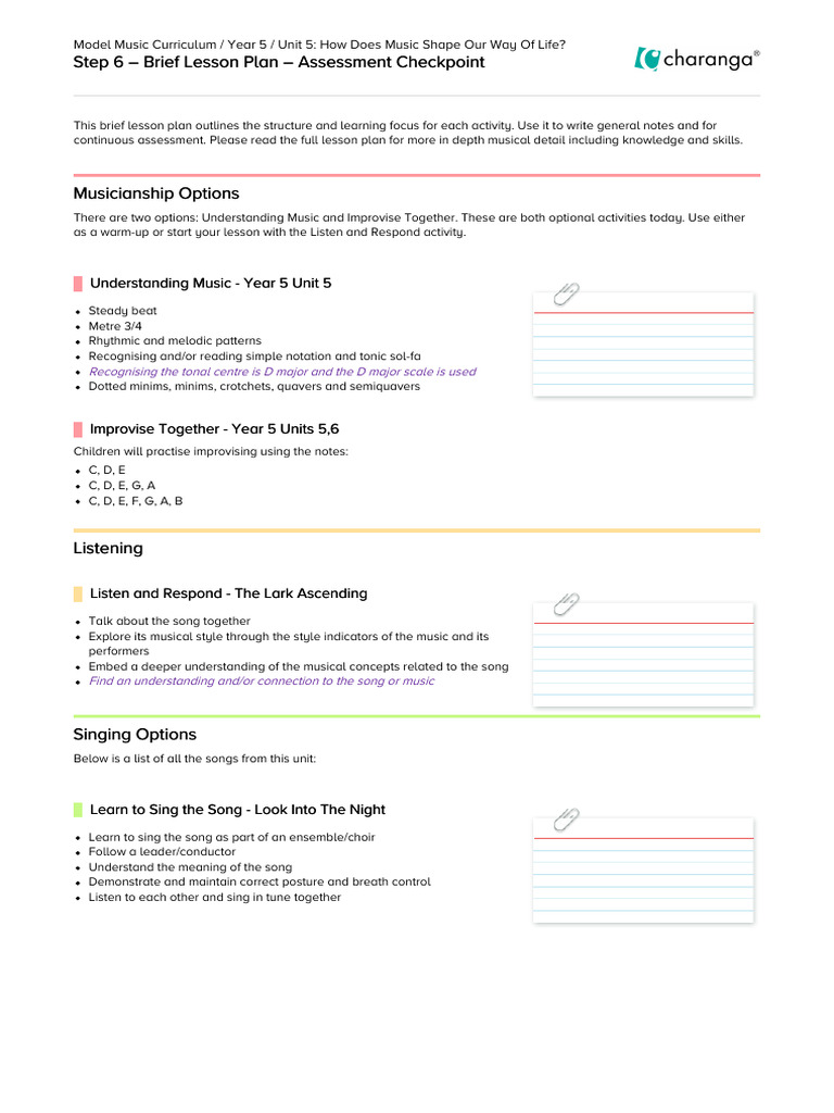 Y5 U5 S6 Assessment Checkpoint Brief Lesson Plan | PDF | Songs | Choir