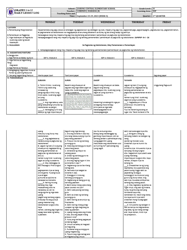 DLL - Esp 4 - Q1 - W5 | PDF