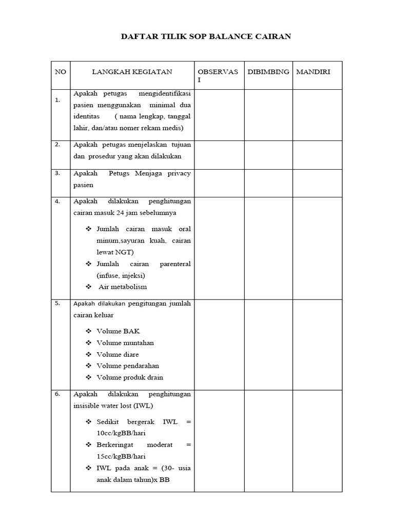 Daftar Tilik Sop Balance Cairan | PDF | Sains & Matematika