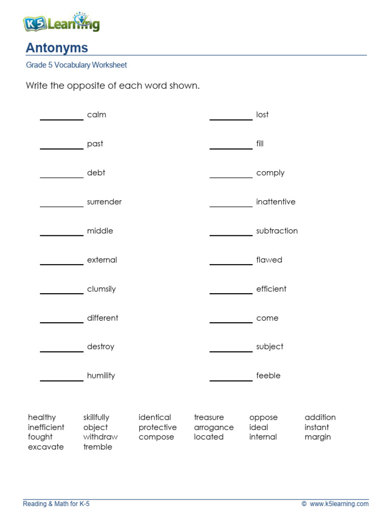 Grade 5 Antonyms Worksheet | PDF