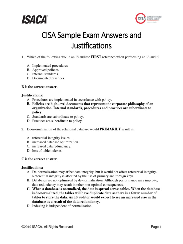 CISA 27e Sample Exam Answers and Justifications | PDF