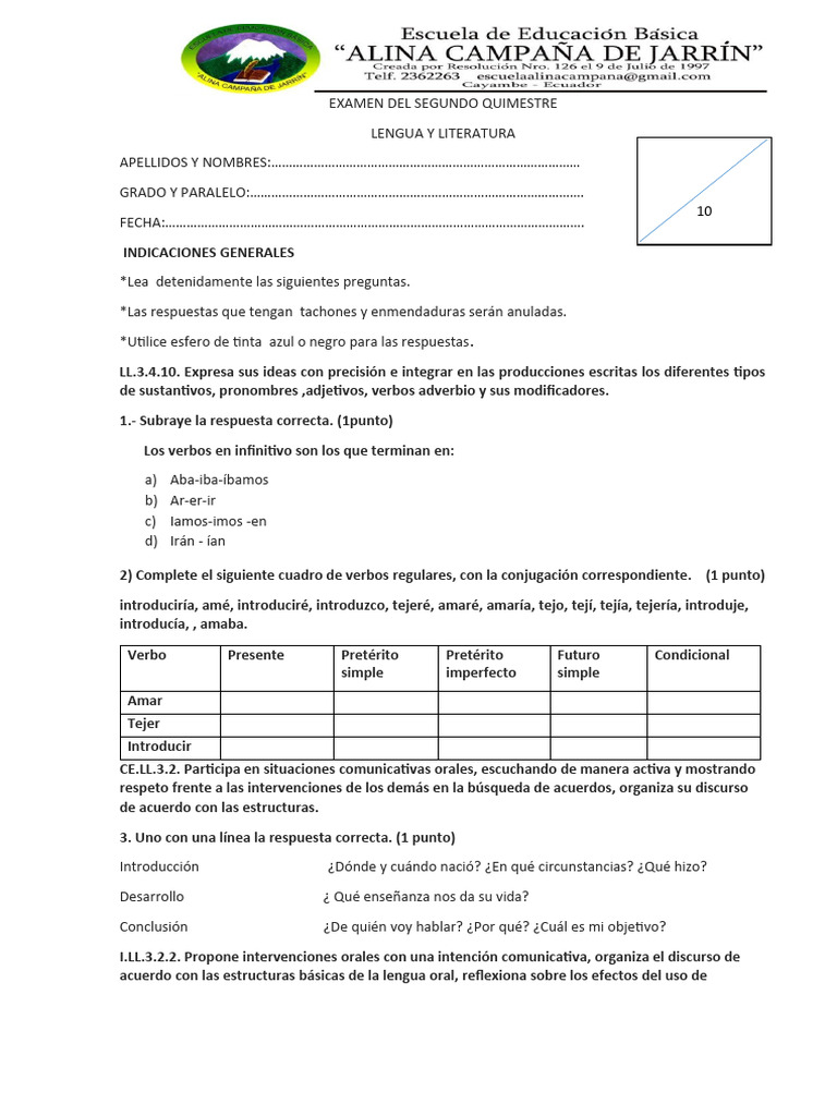 Examen Segundo Quimestre Lengua | PDF | Verbo | Gramática