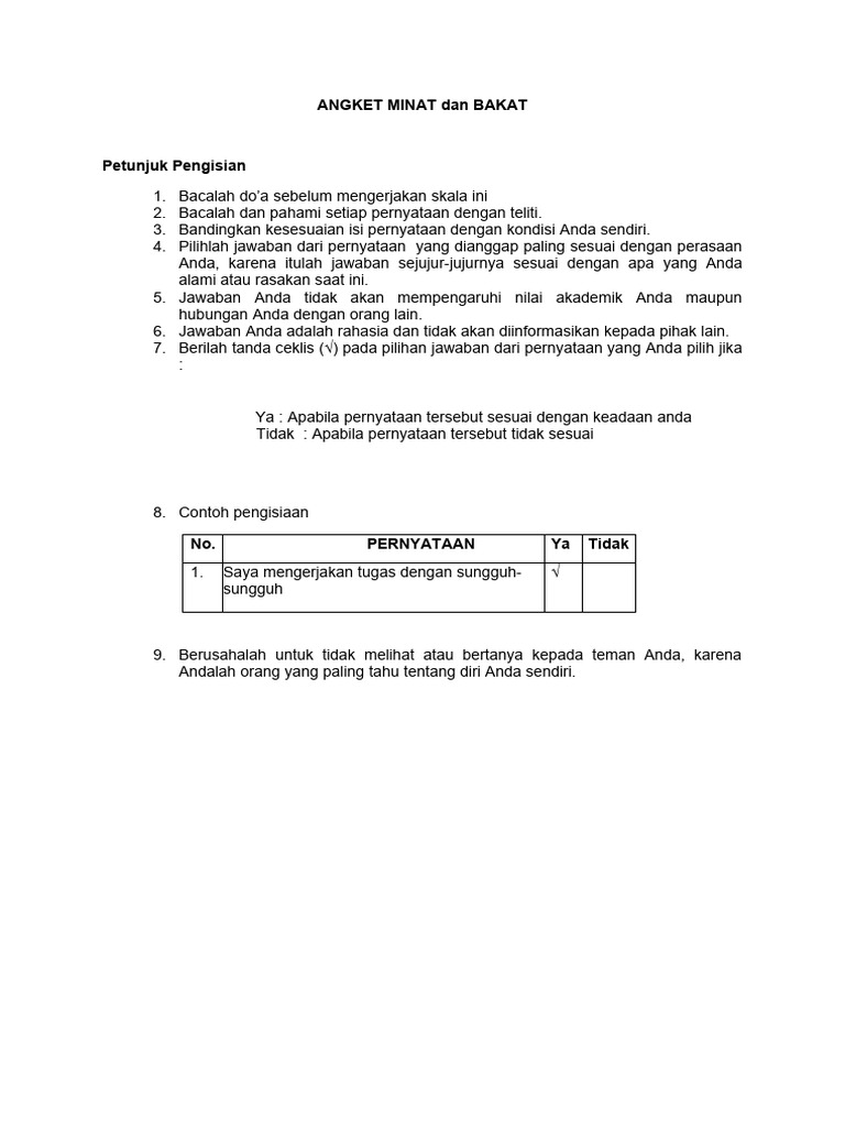 ANGKET MINAT Dan BAKAT | PDF