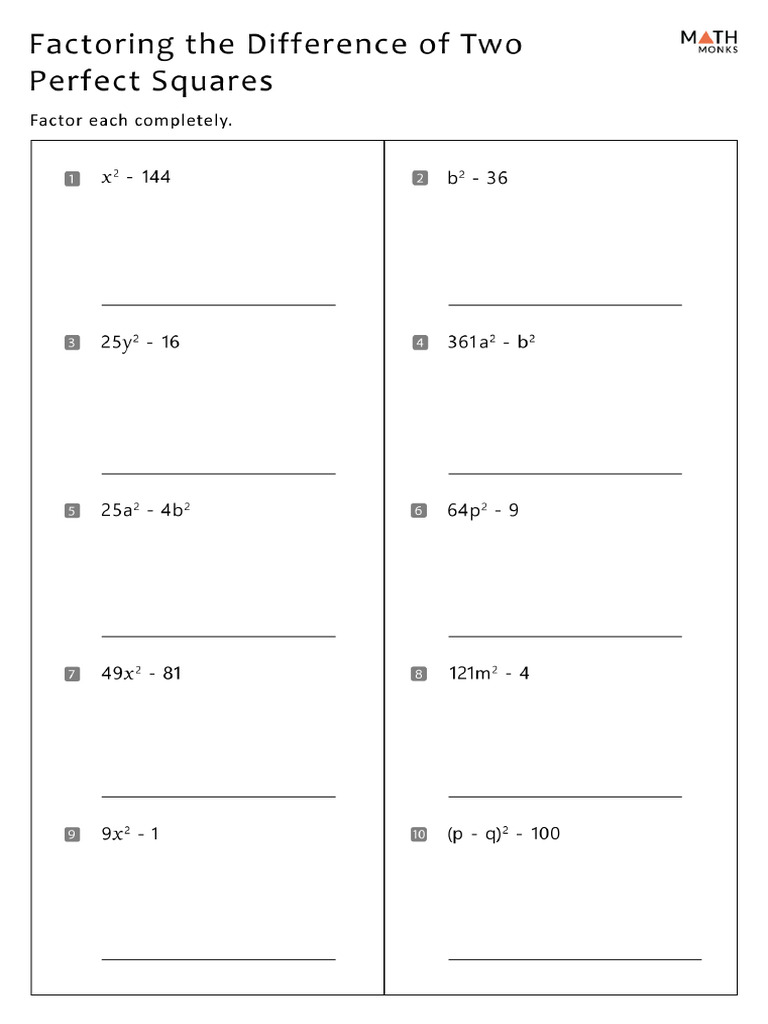 Factoring The Difference of Two Perfect Squares Worksheet With Answers ...