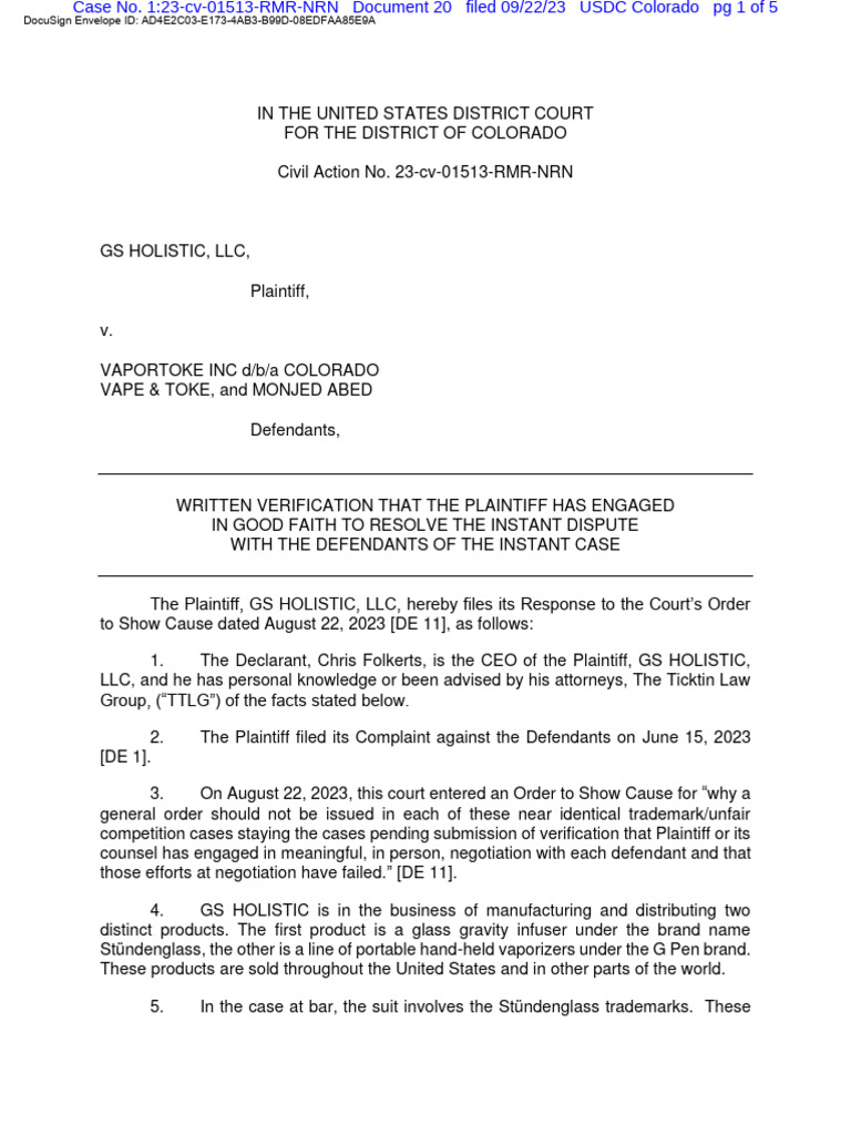 Holistic v. Vaportoke - Plaintiff Statement | PDF | Law