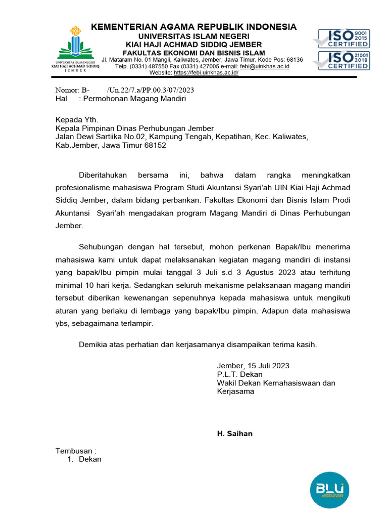 Permohonan Magang Mandiri - 1 | PDF