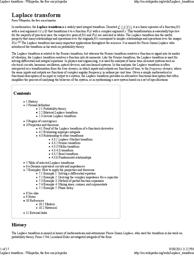 Laplace Transform - Wikipedia, The Free Encyclopedia | PDF | Laplace ...