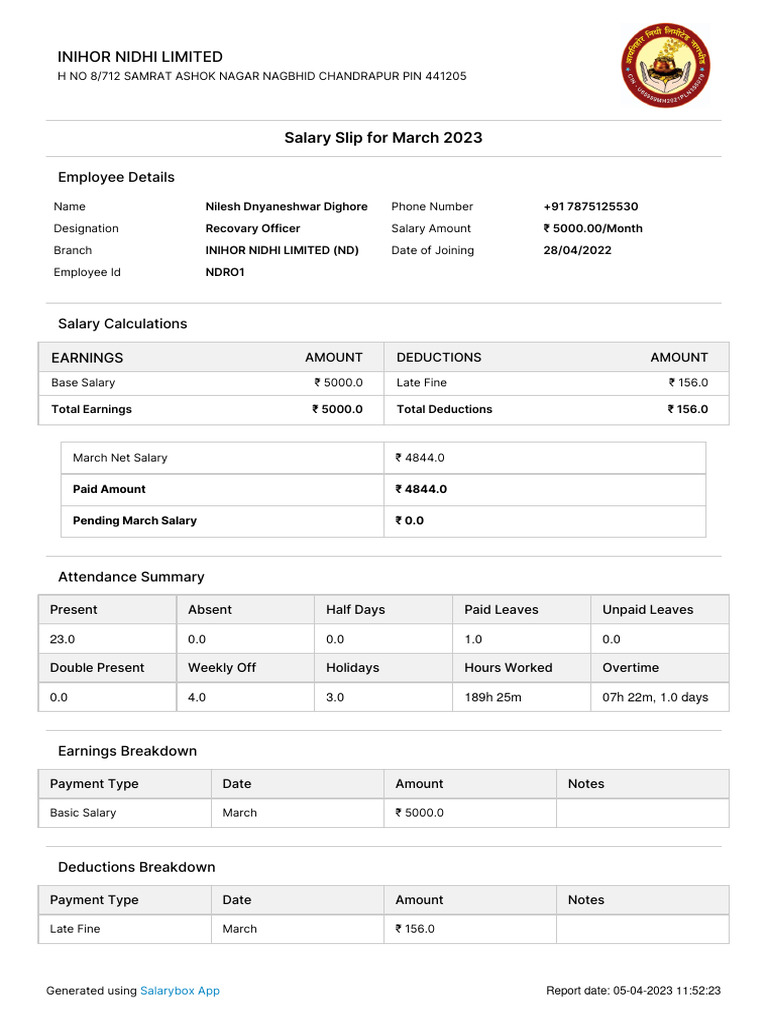 Inihor Nidhi Limited: Salary Slip For March 2023 | PDF