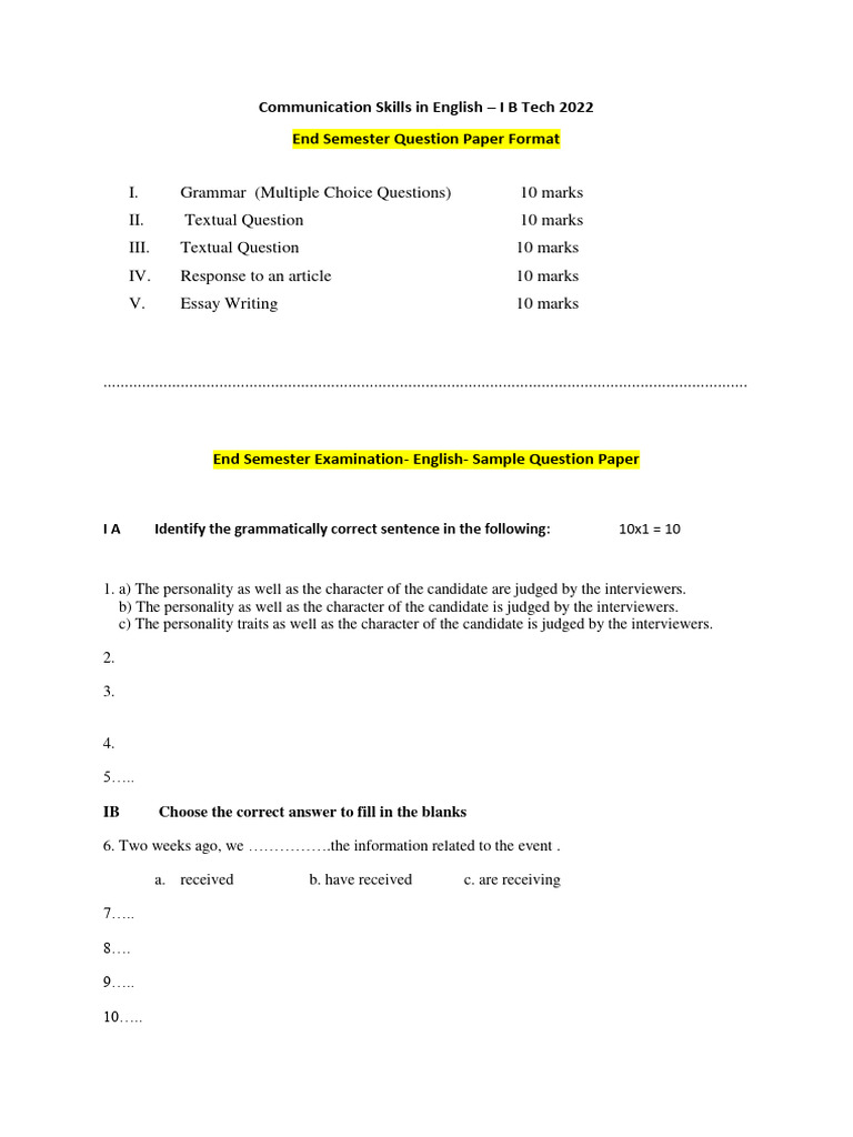 End Sem QP Format and Sample QP - Communication Skills in English | Download Free PDF | Privacy ...