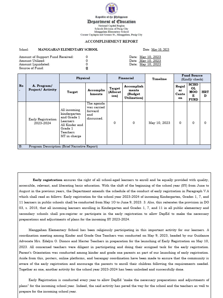 Early Registration-2023-2024 - Accomplishment Report | PDF