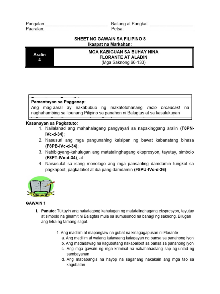 Learning Activity Sheet Filipino 8 Week 3-4 Nerissa | PDF