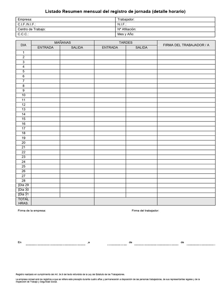 Ejemplo Hoja Fichaje | PDF