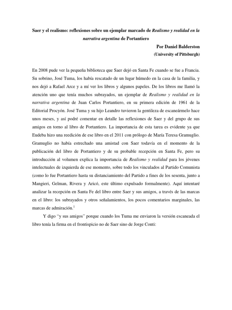 Saer y El Realismo Daniel Balderston | PDF | Realismo (Artes) | Realidad