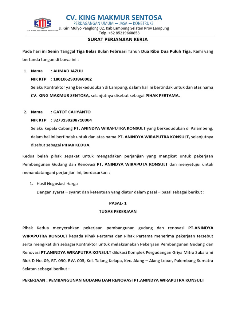 Surat Perjanjian Kerja Pembangunan Gudang Dan Renovasi PT. Anindya | PDF | Hukum