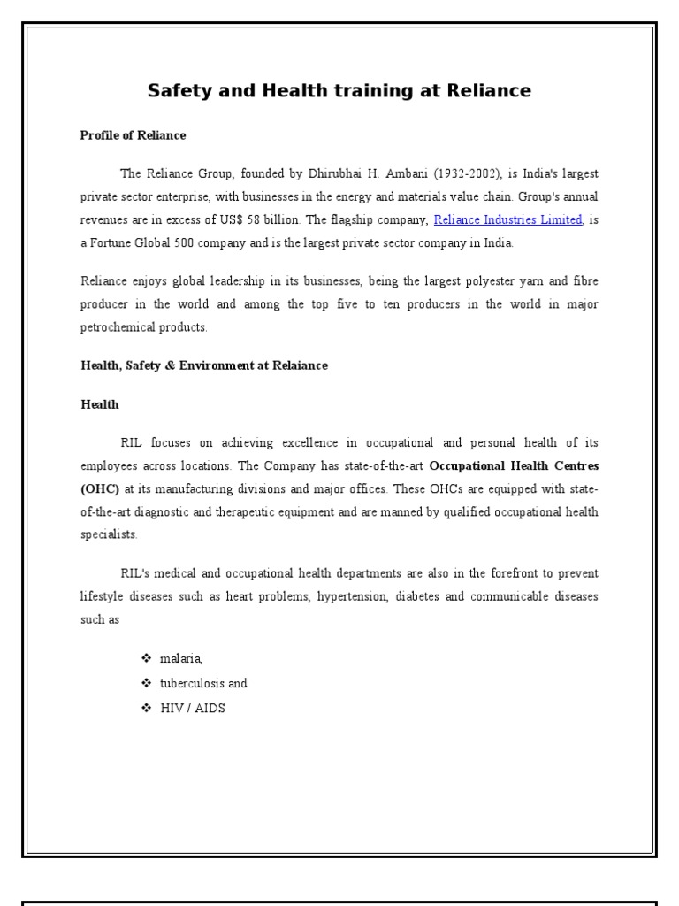 Reliance Safety and Health Training Overview | PDF | Safety ...