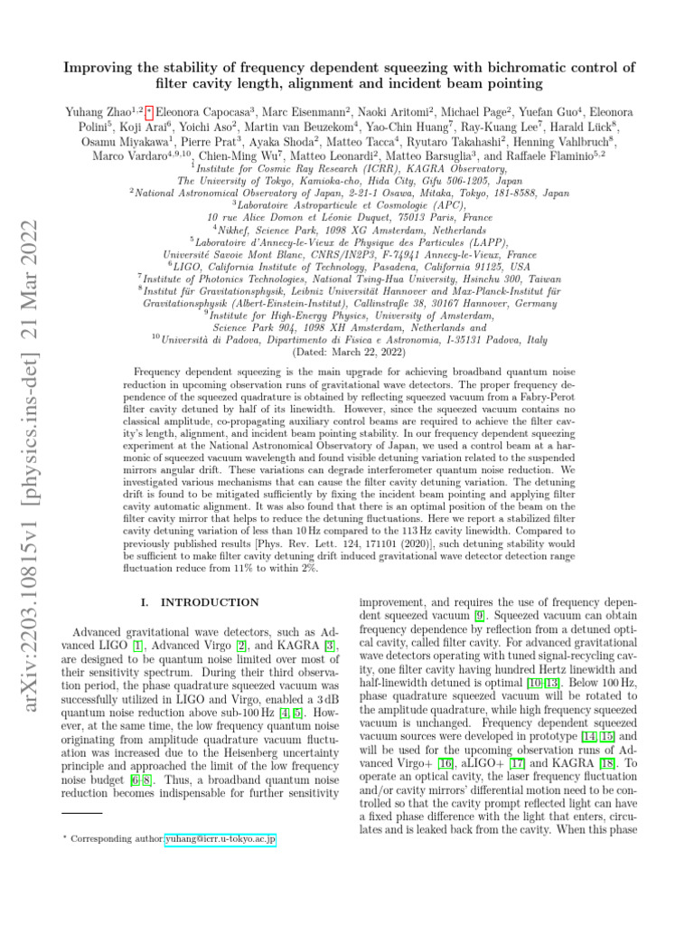 Improving The Stability of Frequency Dependent Squeezing With Bichromatic Control of Filter ...