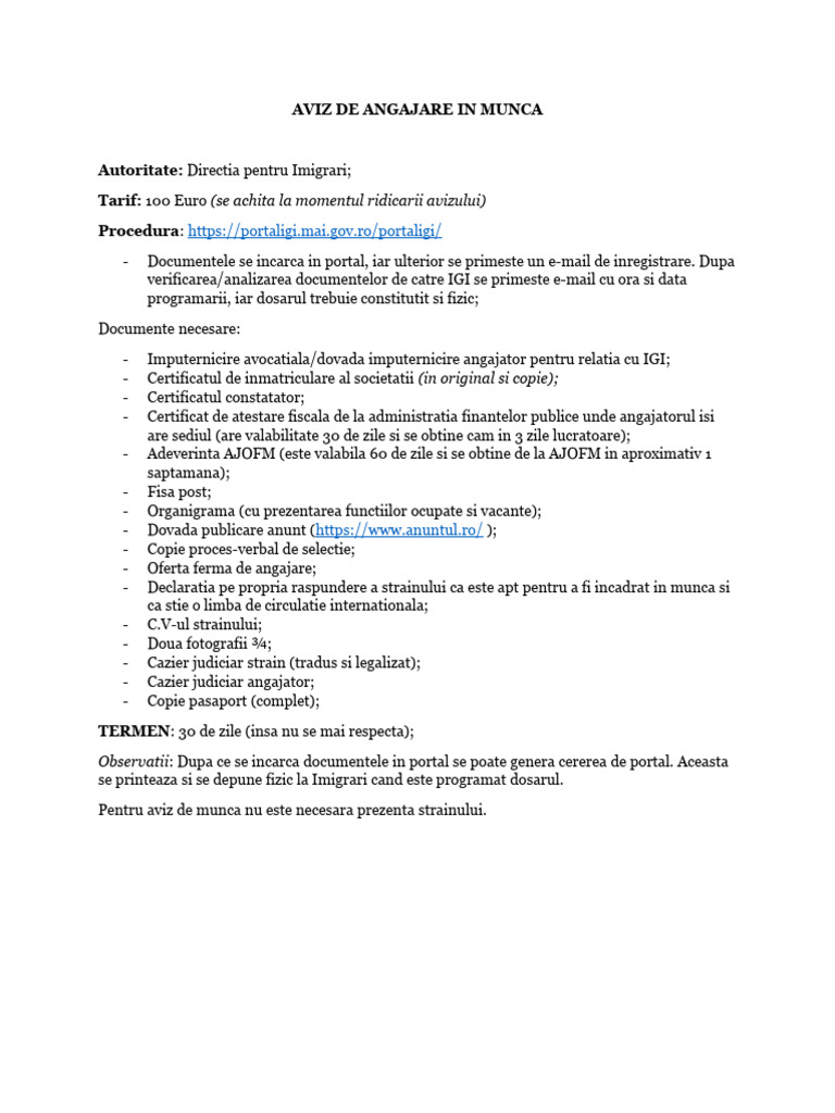 Aviz de Angajare in Munca | PDF