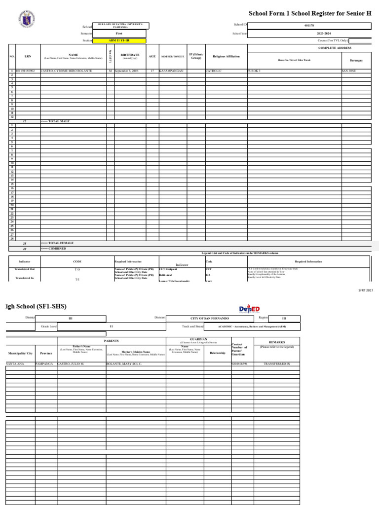 School Form 1 School Register For Senior High School (SF1-SHS) | PDF