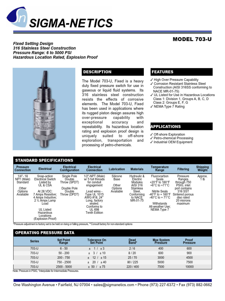 Sigma-Netics Tranducer 703u | PDF | Switch | Stainless Steel Sigma-Netics Tranducer 703u | PDF | Switch | Stainless Steel