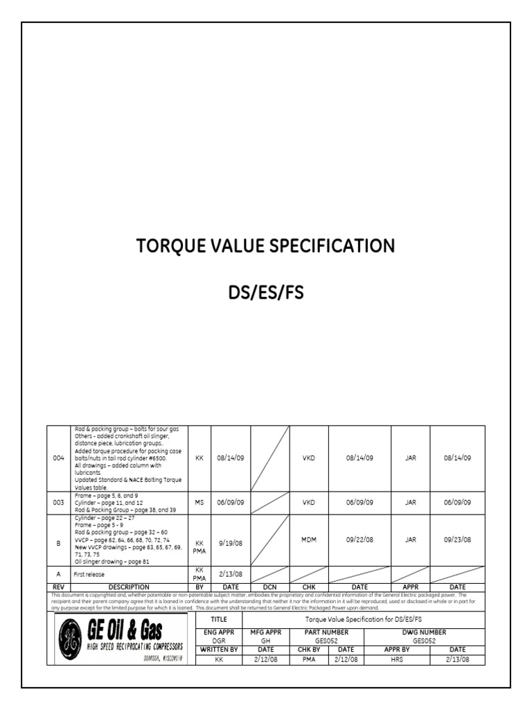 GES052 - Torque Spec - DS ES FS | PDF | Screw | Mechanical Engineering