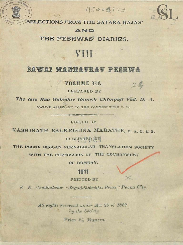Selections From The Satara Rajas and The Peshwas Diaries Viii Sawai ...