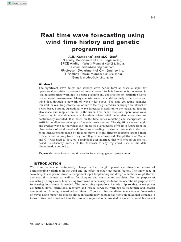 Real Time Wave Forecasting Using Wind Time History and Genetic ...