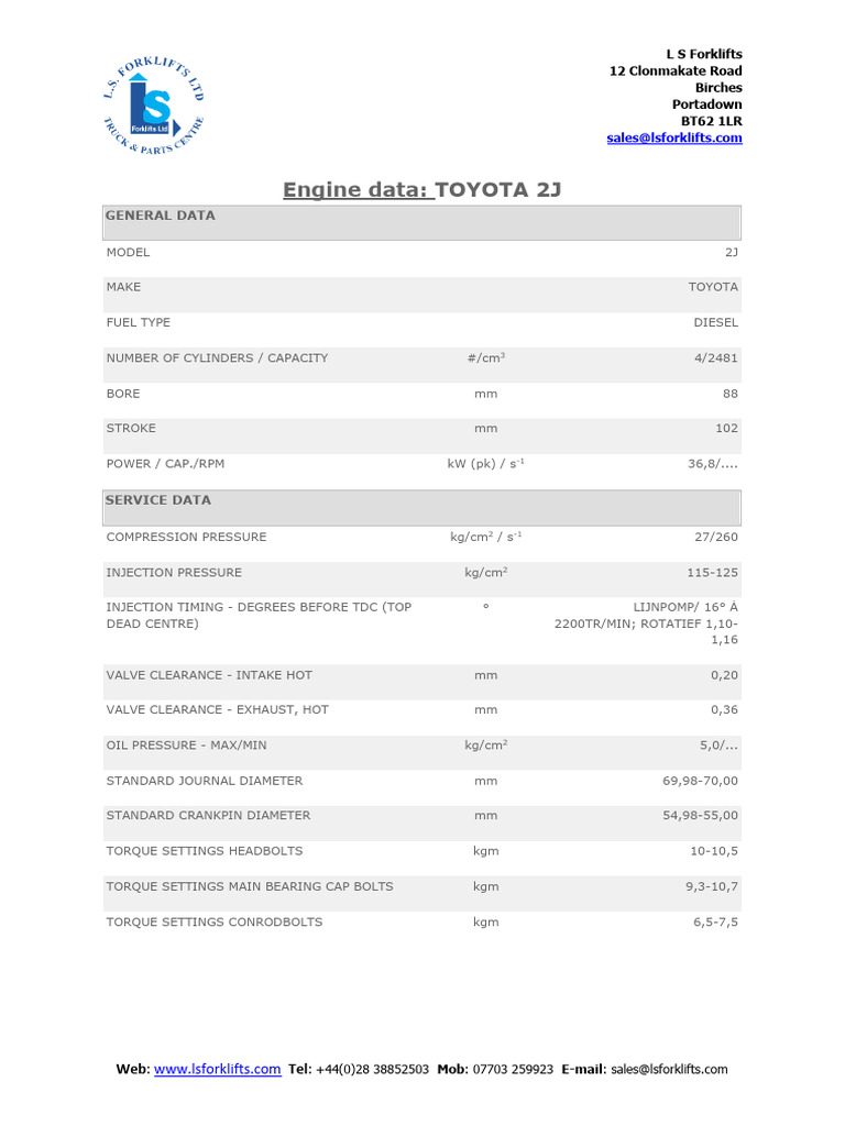 Toyota 2J Engine Data | PDF | Internal Combustion Engine | Diesel Engine