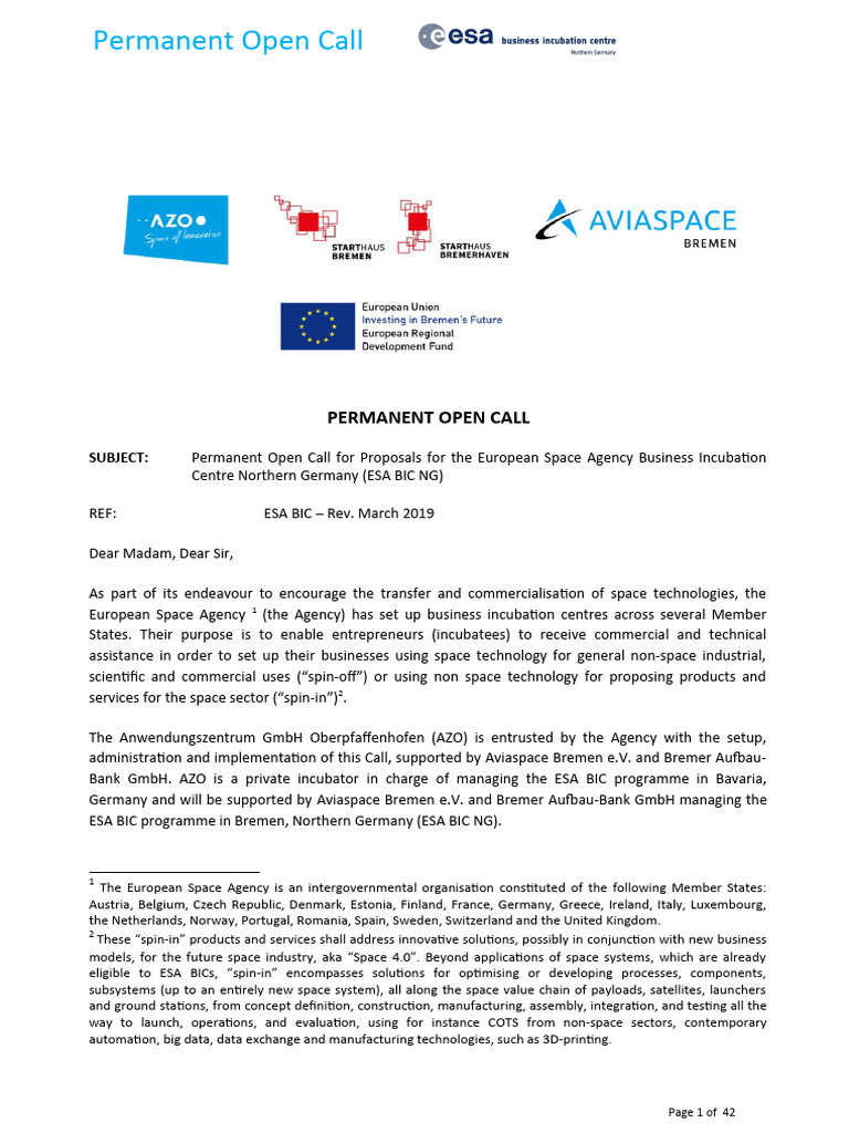 ESA BIC NG - 601 - Open Call+Incubation Contract - 1.0 - 2019 | PDF | European Space Agency ...