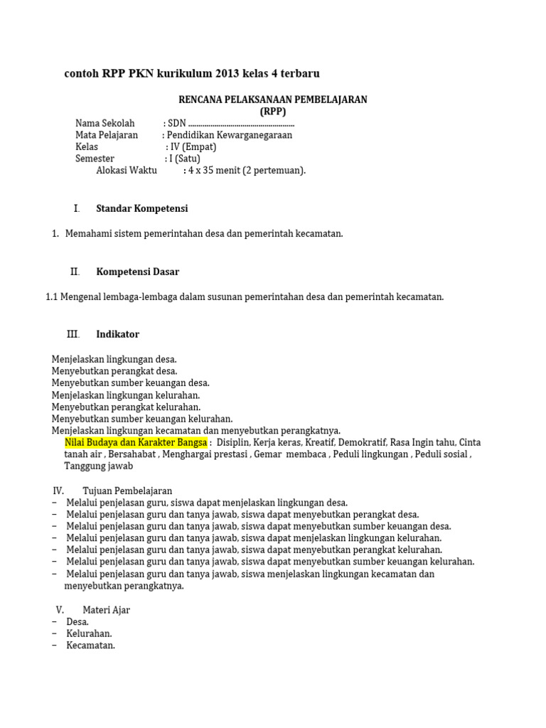 RPP PKN Kurikulum 2013 Kelas 4 Terbaru | PDF