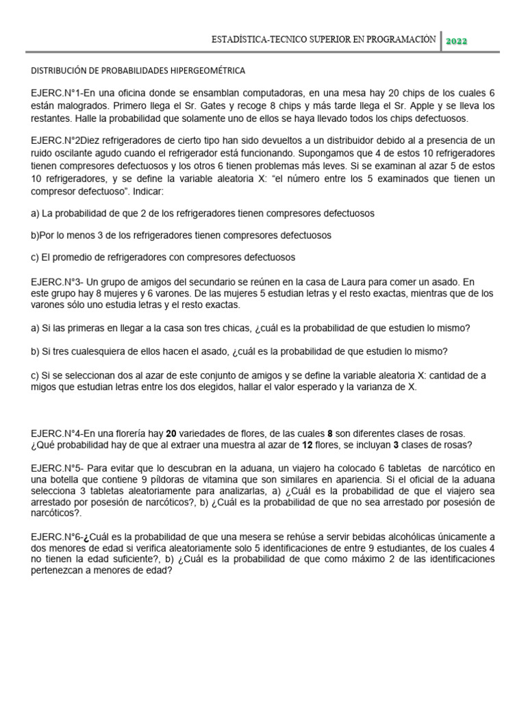Ejercicios de Distr. de Prob. Hipergeométrica | PDF | Probabilidad | Teoría estadística