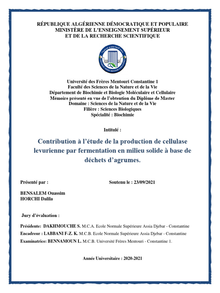 Contribution À L'étude de La Production de Cellulase Levurienne Par ...