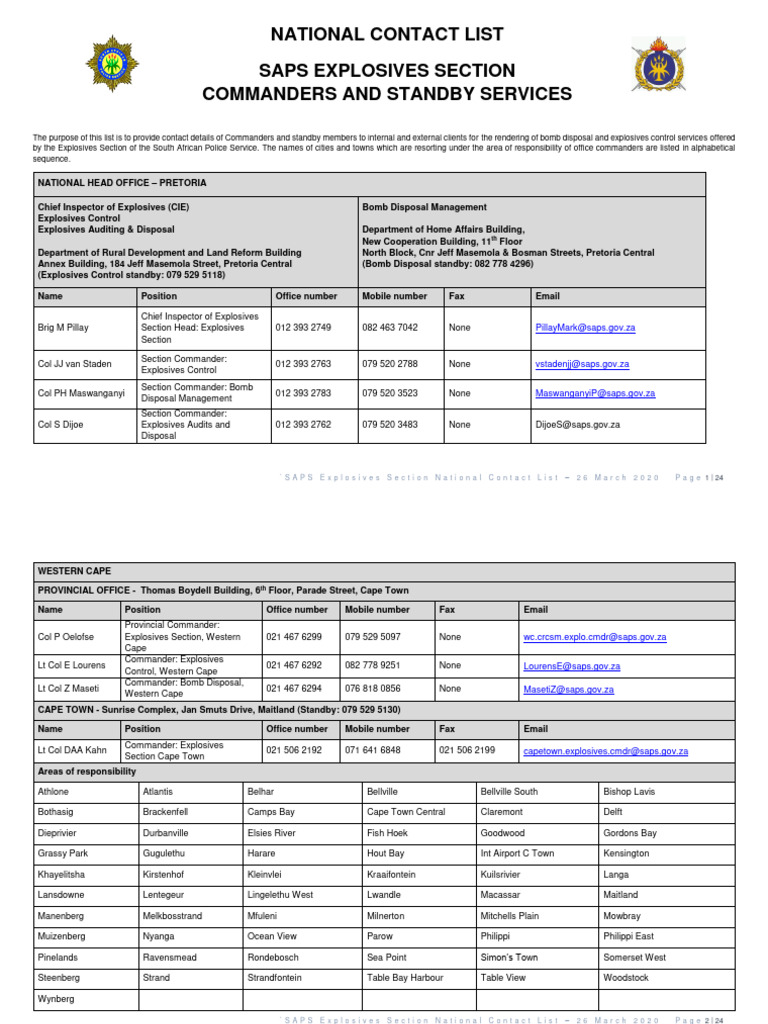 SAPS Explosives Section Contact List Rev 2 | PDF | Cape Town | South Africa