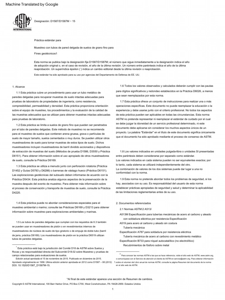 Astm d1587 Standard Practice For Thin Walled Tube Sampling of Fine ...