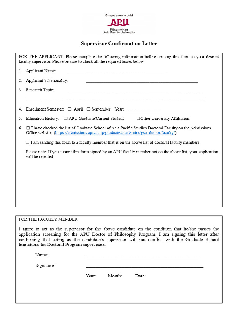 GSAD Supervisor Confirmation Letter | PDF