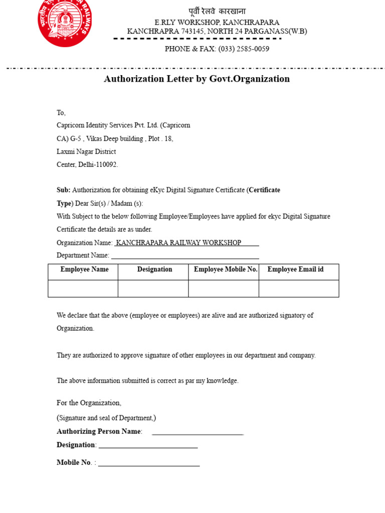 Authorization for eKYC DSC at Kanchrapara Railway Workshop | PDF